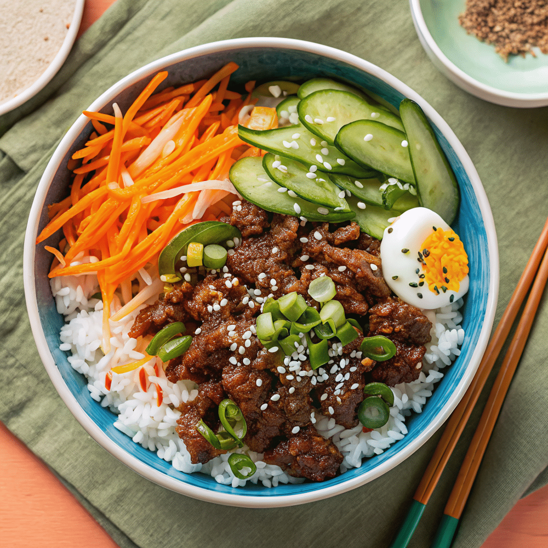 5-stars Korean Beef Bulgogi Rice Bowl with Pickled Cucumber and Carrots